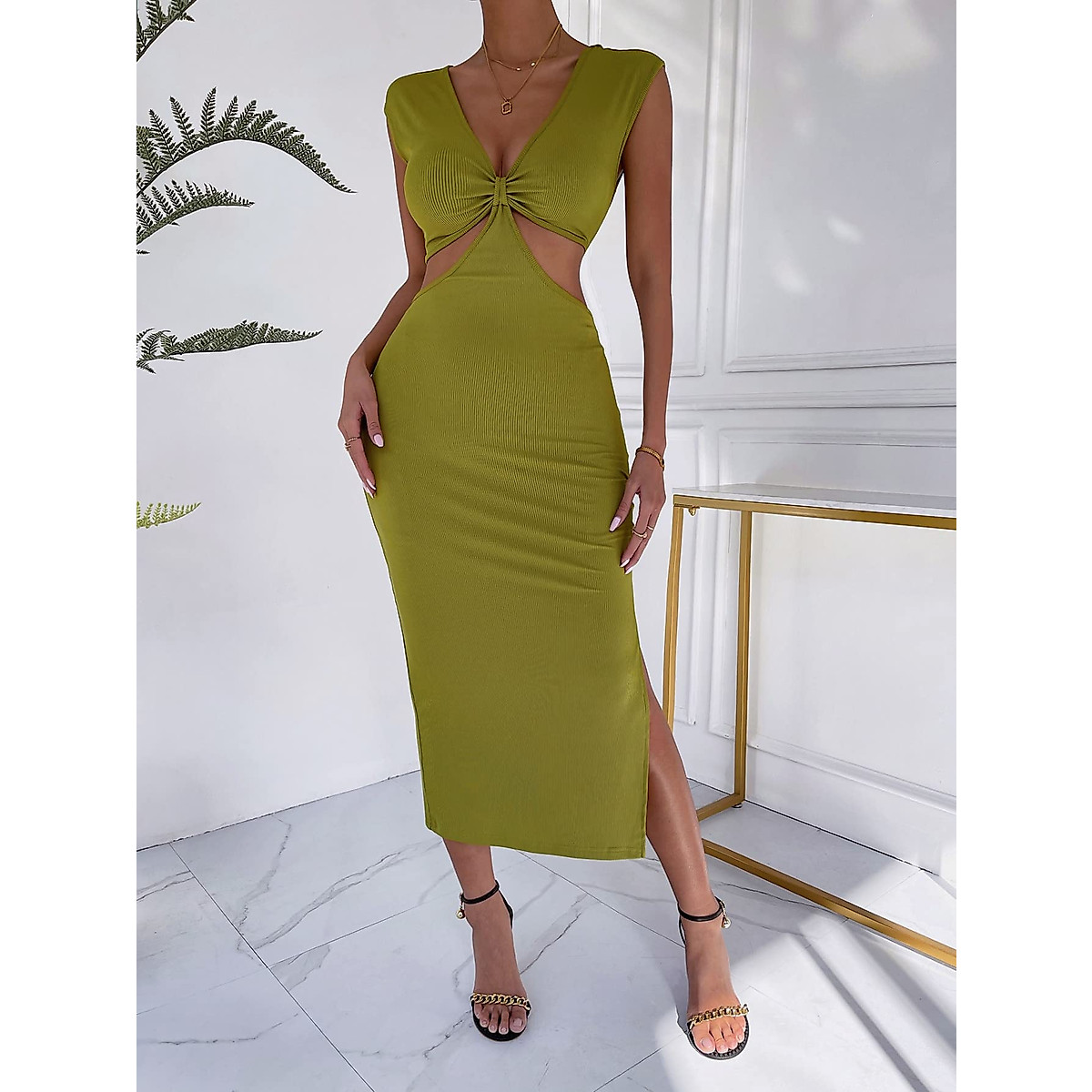 SOLY HUX Women's Sleeveless Deep V Neck Twist Front Cut Out Split Hem Bodycon Dress Olive Green M
