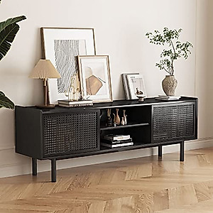 ORRD TV Stand for TVs Up to 70 Inch, Accent Iron Rattan Storage Cabinet Television Stands Entertainment Media Center Console Table with Sliding Barn Door and Adjustable Shelves for Living Room