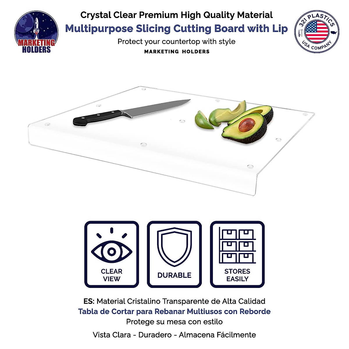 Clear Acrylic Cutting Board 16" x 15" Countertop Charcuterie Chopping Block with Lip and Several Rubber Bumpers by Marketing Holders