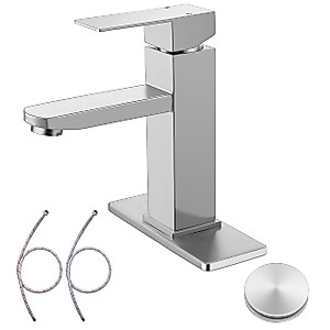 Homikit Brushed Nickel Single Handle Bathroom Faucet with Pop Up Drain, 1 or 3 Holes, Stainless Steel Vanity RV Lavatory Faucet with Deck Plate, 2 Water Supply Hoses