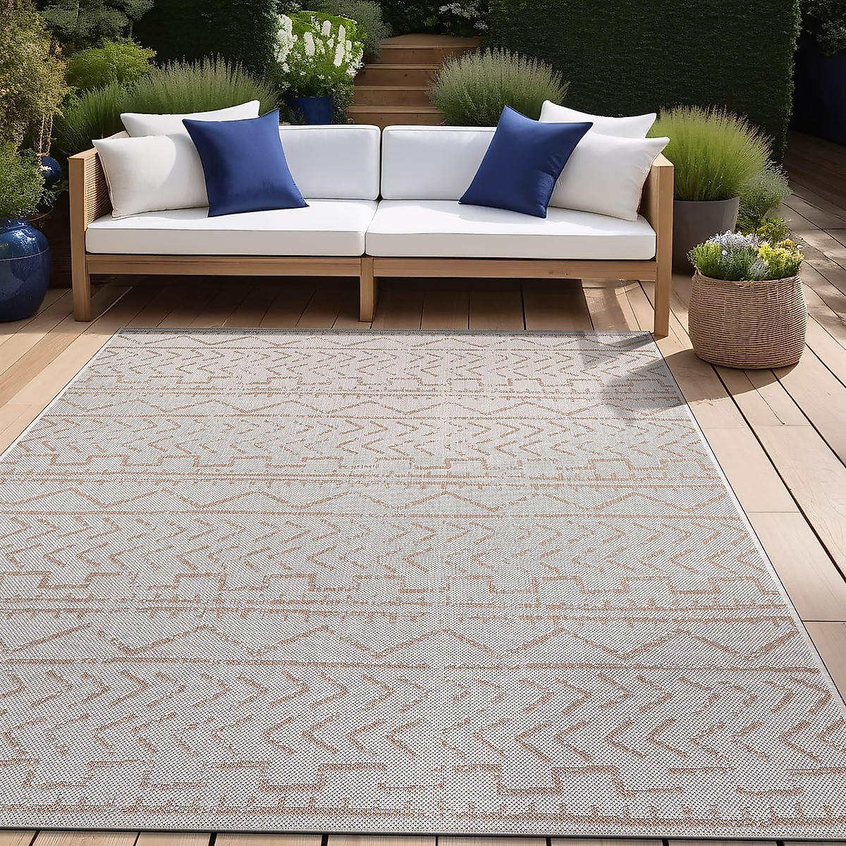 Beverly Rug Waikiki Indoor Outdoor Rug 6x9, Washable Outside Carpet for Patio, Deck, Porch, Trellis Area Rug, Water Resistant, Beige - White