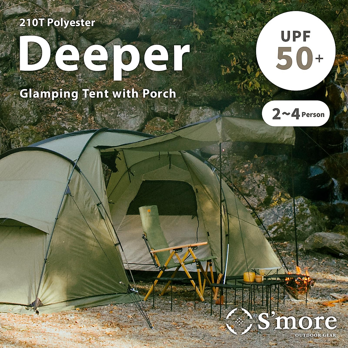 S'more Deeper Glamping Tent with Porch, 2/3/4/5/6 Person Durable Weatherproof Camping Tent, Large Family Tent with Room Divider, Easy Setup Tent with Screen Room