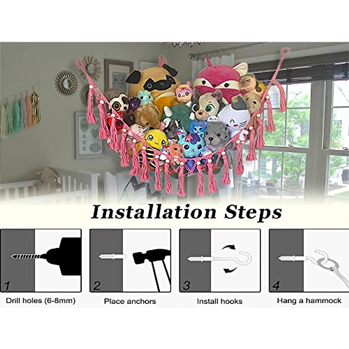 Stuffed Animal Hammock,Boho Plush Toy Net Hammock for Stuffed Animals,Toy Corner Hammock Organizer with Tassel Macrame,Display Holder Net,Net for Stuffed Animals for Nursery Playroom-Pink