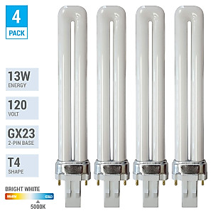 (Pack of 4) 13 Watt Single Tube 2 Pin GX23 Base - 5000K Bright White 50K - CFL Light Bulb - Replacement for Sylvania 21135 CF13DS/850- Philips 146878 PL-S 13W/850 and GE 97572 F13BX/850