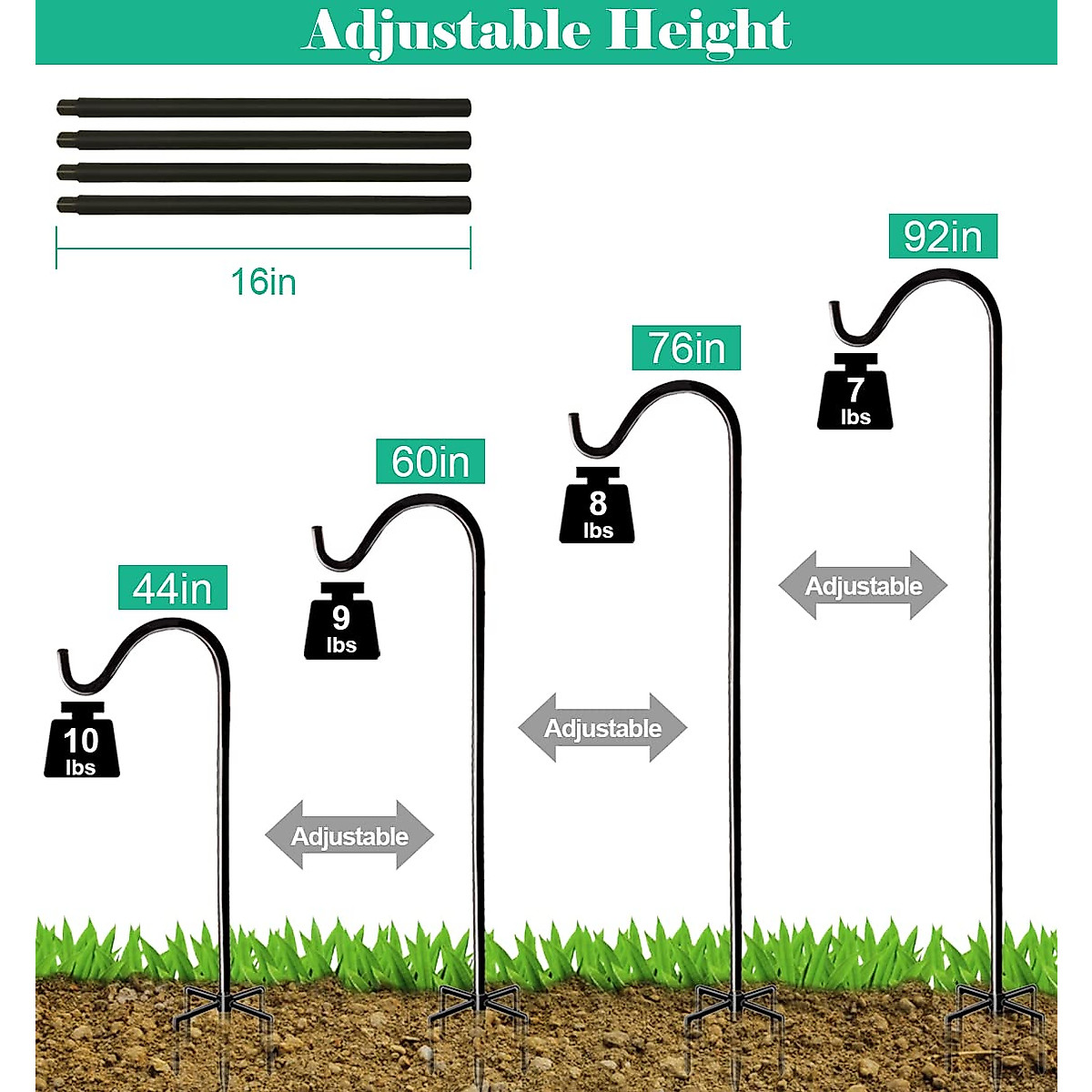 Fandature 76 Inch Tall Outdoor Shepherds Hook with 5 Prong Base, Adjustable Bird Feeder Pole Hanger for Hanging Outside Birdfeeders, Plant Baskets, Lanterns, Wedding Decor