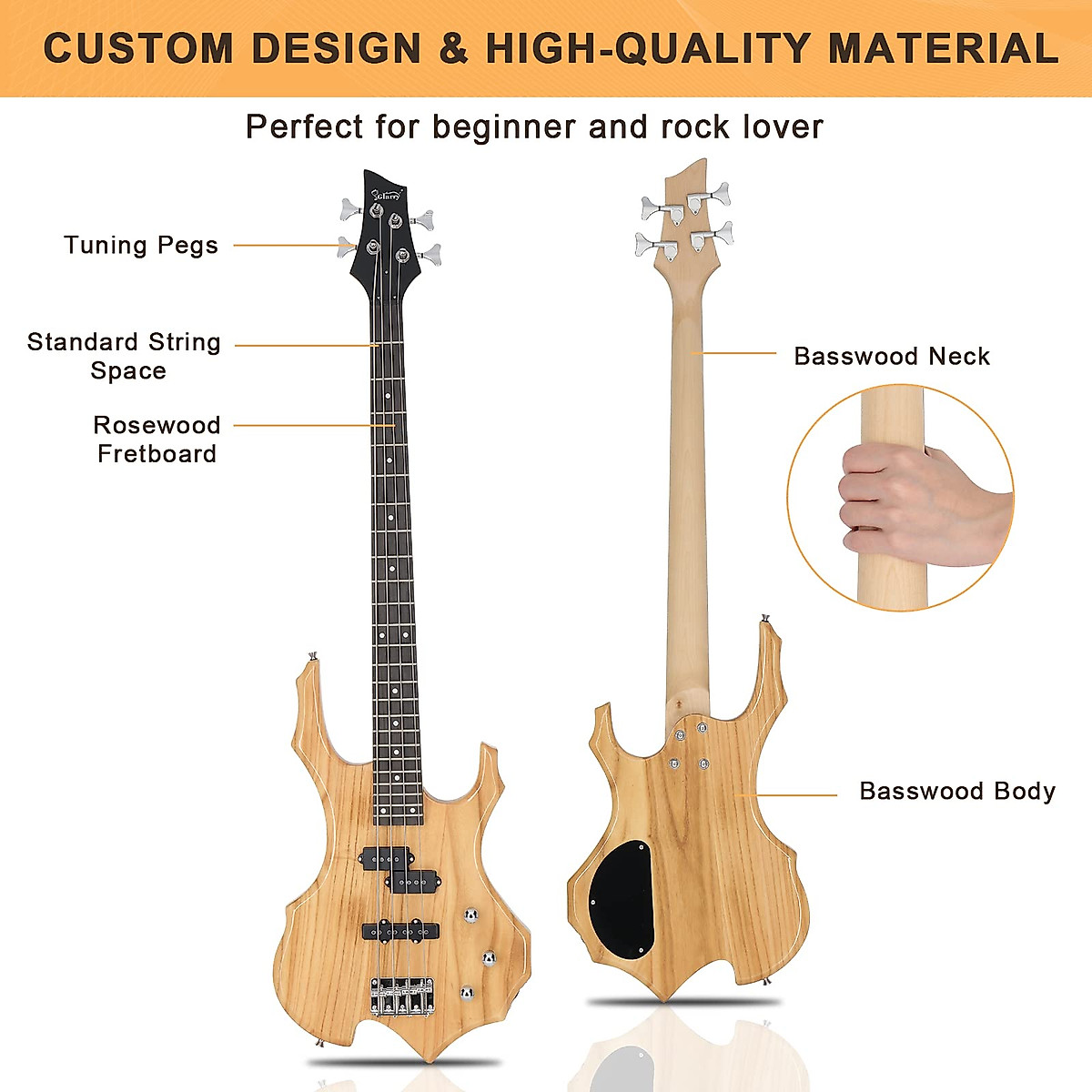 GLARRY Electric Bass Guitar 4 Strings Buring Fire Style Full Size for Beginner Right Hand with Bag, Strap and Accessories (Burlywood)