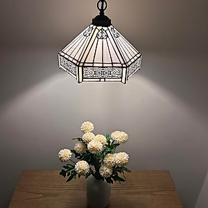 enjoy decor lamps Tiffany Pendant Lighting White Hexagon Stained Glass Hanging Lamp LED Bulb Included for Dining Room Island Kitchen Living Room 12”W*12”D*60”H