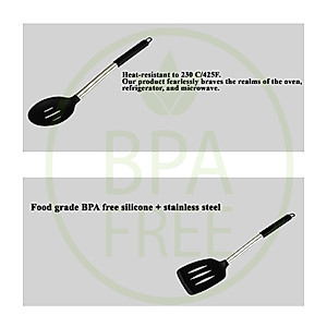 15 Pieces Silicone Kitchen Utensil Set with Holder | Non Slip Stainless Steel Cooking Tool |Spatulas, Spoon, Ladle, Pasta Server, Turner, Tongs, Whisk & More | Heat Resistant 446°F | BPA Free (Black)