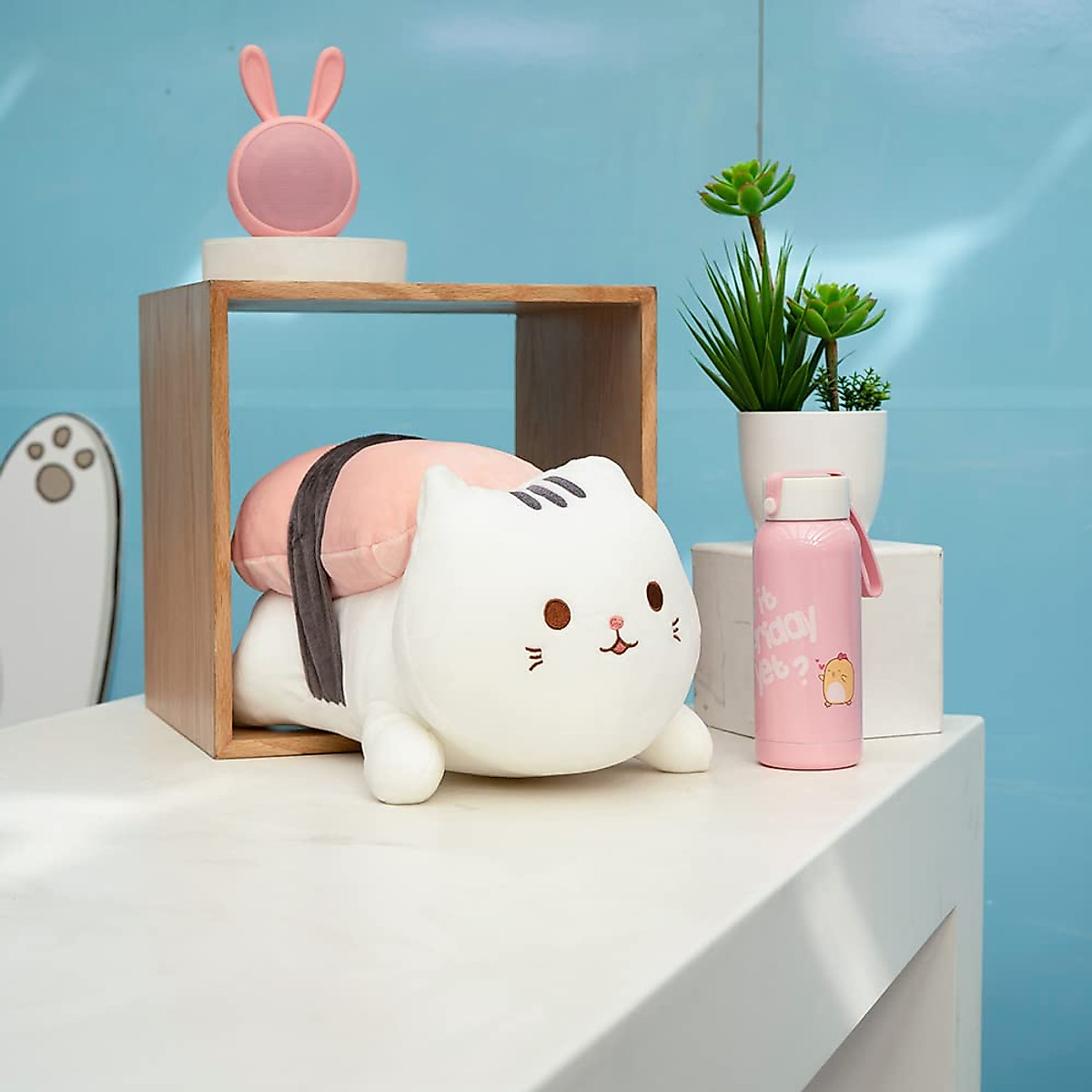 MINISO 14'' Sushi Cat Plush, Kawaii Stuffed Animal, Soft Body Pillow, Kitten Doll, Big Valentine's Day Gift (Salmon)