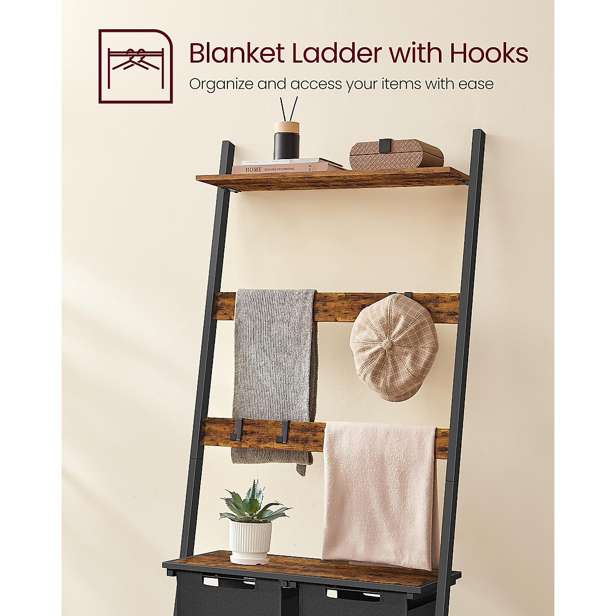 VASAGLE Laundry Basket, 2-Section Laundry Hamper with Blanket Ladder, Pull-Out and Removable Liners, Shelf, 5 Hooks, 2 x 12.1 Gallons, 28.7 x 13 x 69.7 Inches, Rustic Brown and Black UBLH221B01