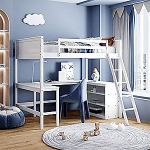 GYYBED Full Size Wooden Loft Bed with 3 Storage Shelves and Built-in L-Shape Desk for Kids Teens Adults Full Size loft Bed with Desk Full Size loft Bed loft Bed with Desk(White + Wood)