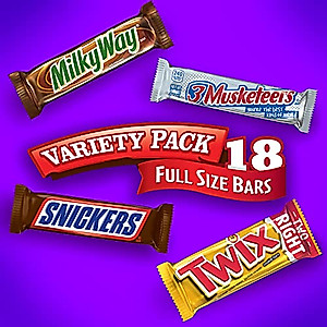 SNICKERS, TWIX, 3 MUSKETEERS & MILKY WAY Full Size Bars Variety Mix, 18-Count Box, 33.3 ounces