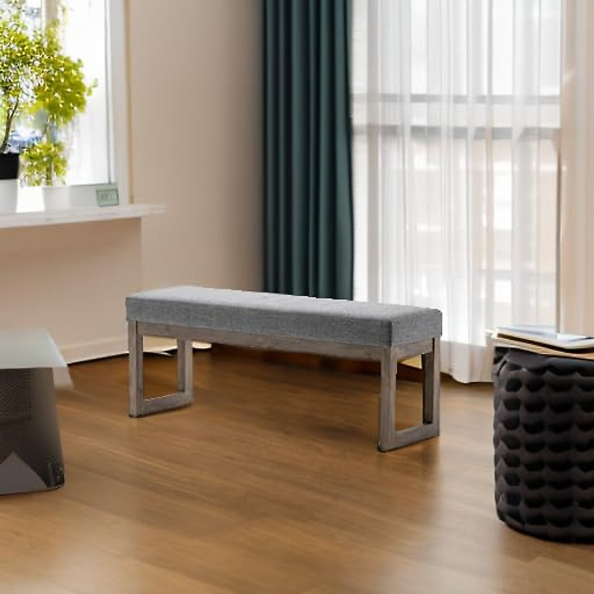 SIMPLIHOME Milltown 45 inch Wide Contemporary Rectangle Large Ottoman Bench in Grey Linen Look Fabric, Assembled, for the Living Room and Bedroom