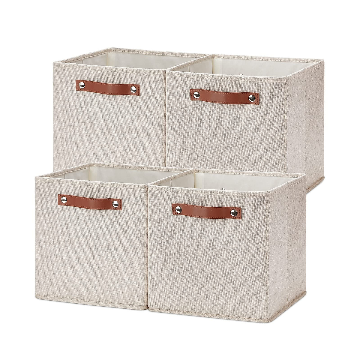 Temary 11x11 Storage Cubes Fabric Storage Cubes Storage Bins with Dual Leather Handles Canvas Storage Boxes for Organizing Home, Office, Nursery, Shelf, Closet (Beige, 11 x 11 x 11)