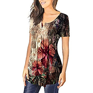 Womens Tunic Tops 2022 Summer Fall Casual Dressy Short Sleeve T Shirts Floral Cute Tees Loose Fit Trendy Blouses for Leggings, Green-03
