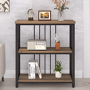 FOLUBAN Small Bookshelf and Bookcase, 3 Tier Open Book Shelf, Modern Metal and Wood Shelving Unit for Living Room Bedroom, Oak