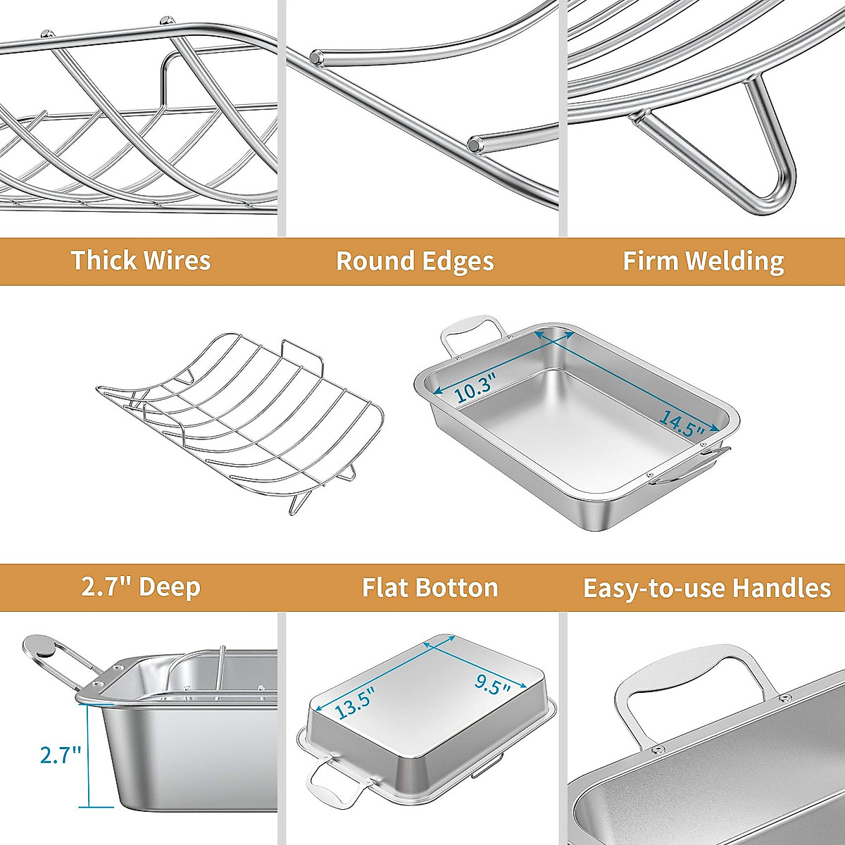 Skyflame Roasting Pan with Rack for Turkey, Stainless Steel Silver Rectangular Barbecue Bakeware Roaster Pan with Nonstick U-Rack for Indoor/Outdoor Oven Cooking