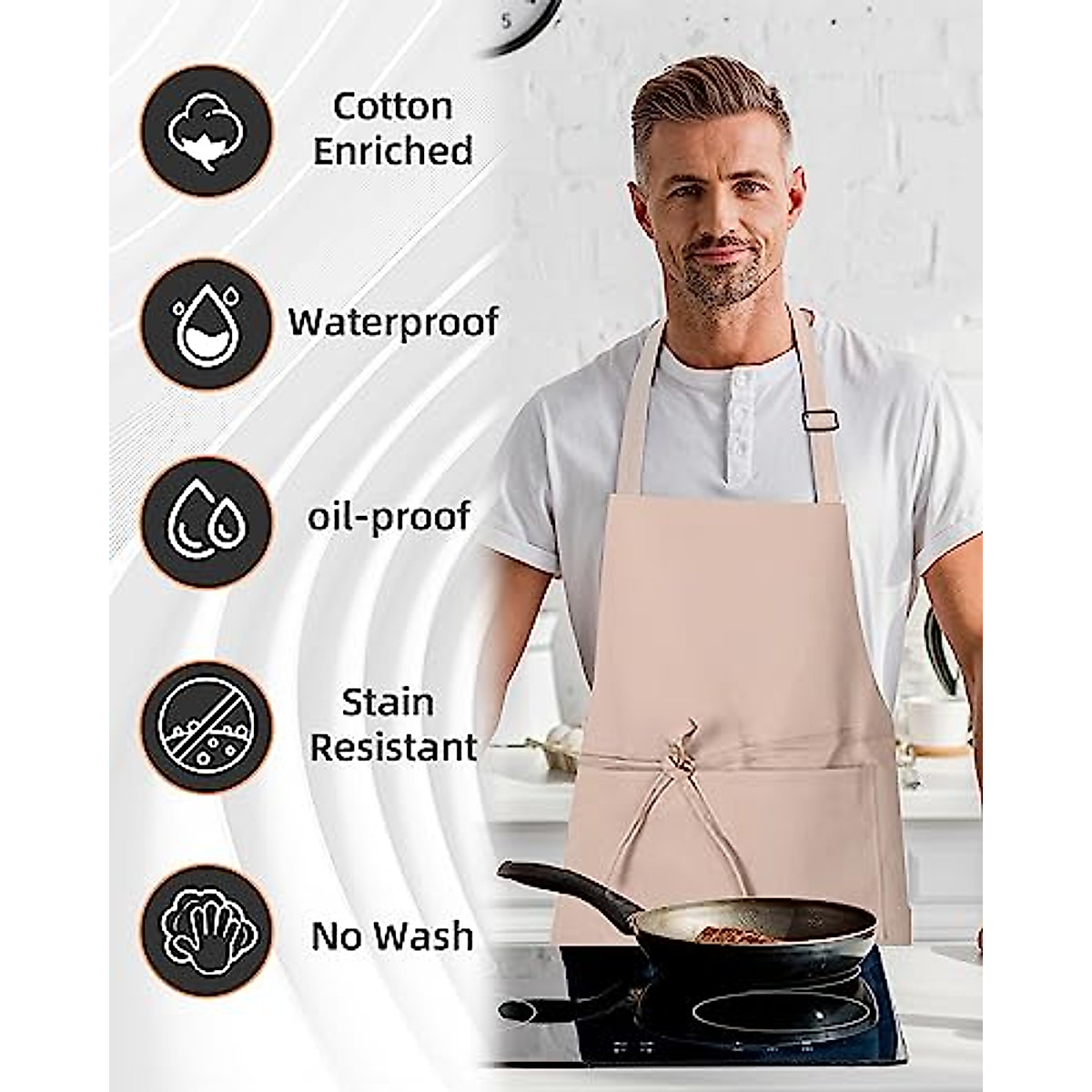 Hugitout Chef Apron Unisex with Adjustable Straps and Two Pockets For Work Uniform, Bib Apron Waterproof, oil-proof Stain Resistant, No Wash(Khaki)
