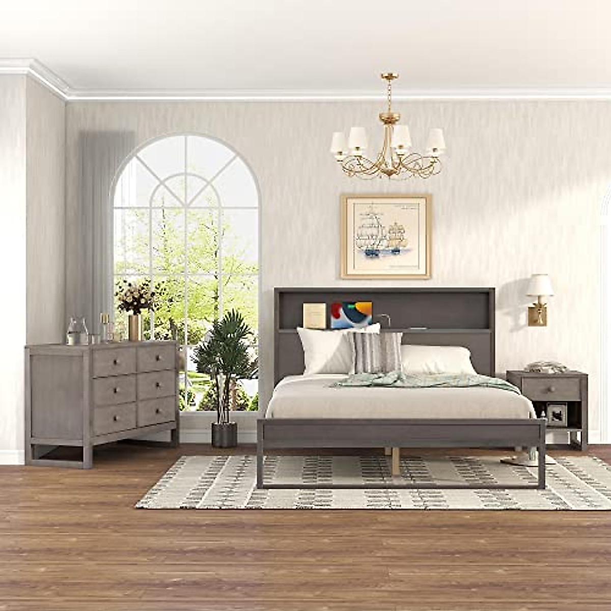 CITYLIGHT 3 Piece Queen Bedroom Set, Wood Queen Size Platform Bed with USB Port, One Nightstand and 6 Drawers Dresser, Queen Bedroom Furniture Set for Kids Teens Adults, Antique Grey