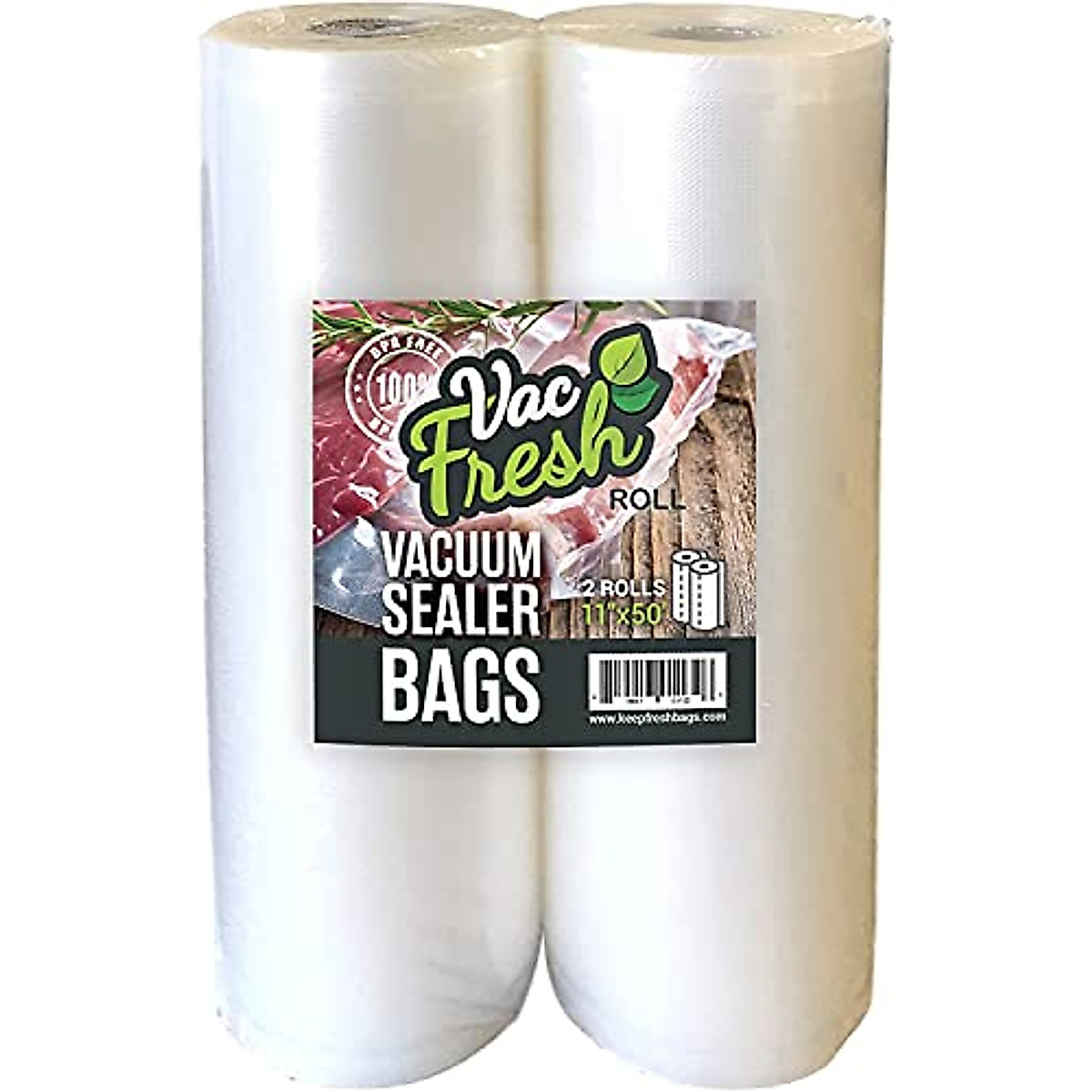 Vac Fresh Food Vacuum Sealer Rolls (11" x 50', 2 Rolls), 3.5mil Embossed Food Storage Bags, Vacuum Seal Bags for Meal Prep, Sous Vide Bags for Cooking (100 Feet)