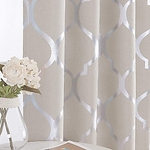 jinchan Moroccan Tile Curtains for Living Room, Linen Textured Curtains 96 Inch Length, Room Darkening Vintage Drapes for Bedroom, Grommet Top Window Treatments, 1 Panel Silver on Greige