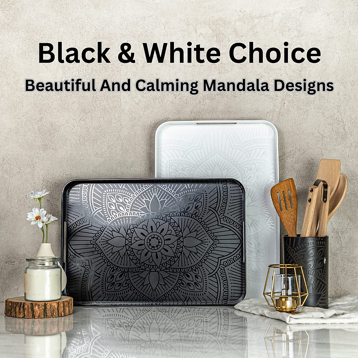 Bzyoo Melamine Gallery Tray -11.5in x 16inch Large Rectangle Serving Tray with Handle for Entertaining, Ottoman and Kitchen Counter Decor, Decorative Home Coffee Table Tray or Vanity Tray - Black