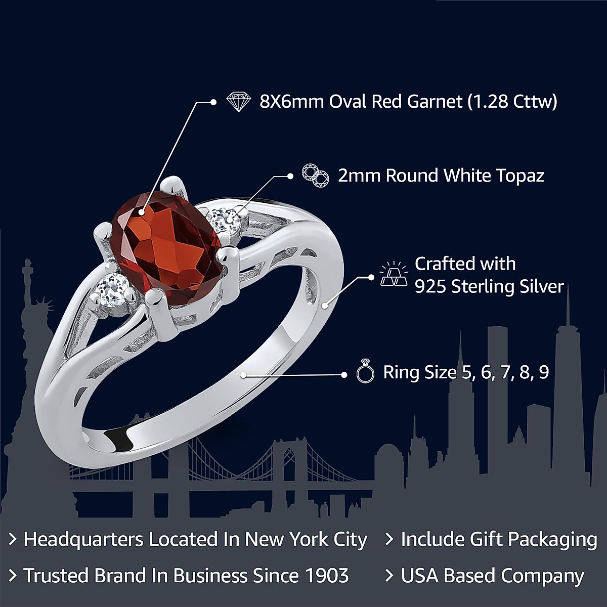 Gem Stone King 925 Sterling Silver Red Garnet and White Topaz 3 Stone Engagement Ring For Women | 1.28 Cttw | Oval 8X6MM | Round 2MM | Gemstone January Birthstone | Size 8