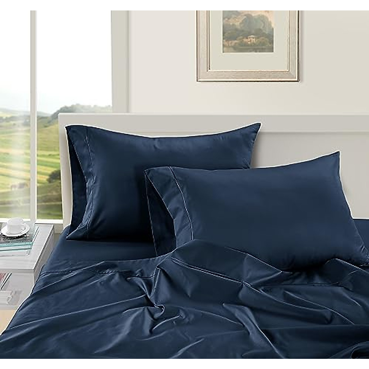 LANE LINEN 100% Egyptian Cotton Bed Sheets - 1000 Thread Count 4-Piece King Sheets Set, Long Staple Cotton Bedding Sheets, Sateen Weave, Luxury Hotel Sheets, Fits Upto 16" Mattress - Estate Blue