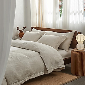 Simple&Opulence 100% Washed Linen Duvet Cover Set with Embroidered,King Size(104"x92"),3 Pieces Soft Farmhouse Comforter Set with Button Closure,1 Duvet Cover and 2 Pillowshams(King,Natural Linen)