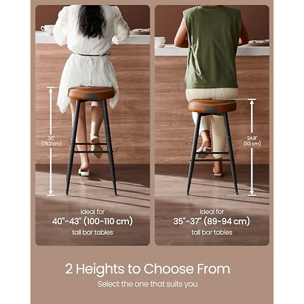 VASAGLE EKHO Collection - Bar Stools Set of 2, Bar Height Bar Stools, Kitchen Counter Stools, Mid-Century Modern Backless Counter Stools, 30-Inch Tall, Kitchen Island Home Bar, Caramel Brown