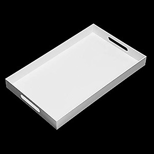 Glossy White Sturdy Acrylic Serving Tray with Handles-12x20 Inch-Serving Coffee Appetizer Breakfast-Kitchen Countertop Tray-Makeup Drawer Organizer-Vanity Table Tray-Ottoman Tray-Decorative Tray