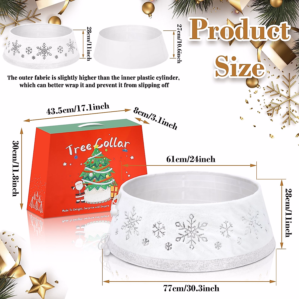 LASPERAL White Christmas Tree Collar, 30 Inches Sliver Snowflake Tree Ring for Artificial Tree Farmhouse Plush Xmas Tree Stand Cover with Plastics Sheets Christmas Holiday Tree Decoration