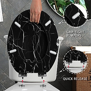 Angel Shield Marble Toilet Seat Durable Molded Wood with Quiet Close,Easy Clean，Quick-Release Hinges (Elongated,Black Marble)
