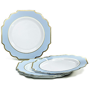" OCCASIONS " 50 Plates Pack (25 Guests)-Heavyweight Wedding Party Disposable Plastic Plate Set -(25x10.5'' Dinner + 25x8'' Salad/dessert (Imperial in White/Blue & Gold)