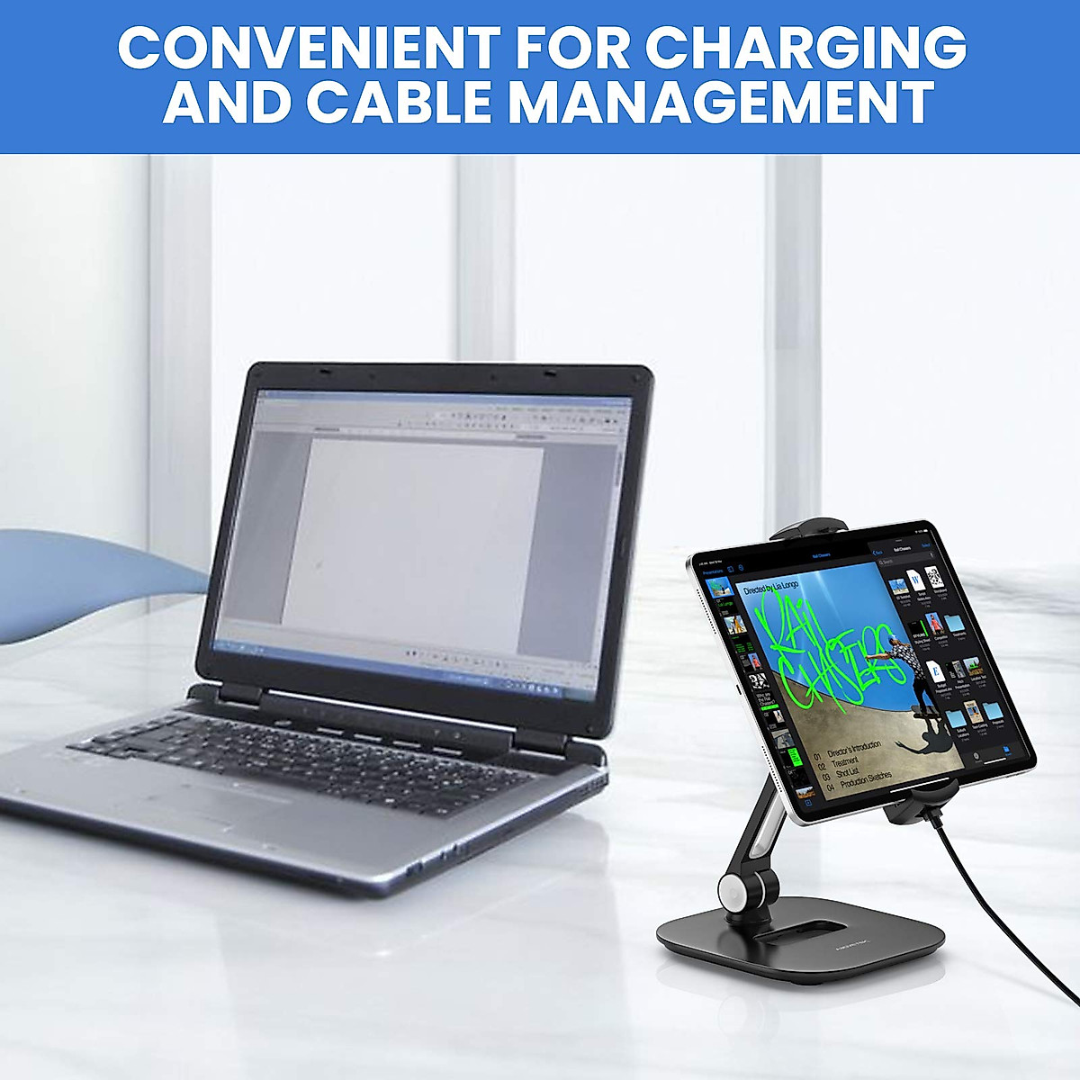 AboveTEK Aluminum iPad Stand, Foldable 360 Swivel Tablet Stand for Kitchen, Bedside, Office, POS, Showroom, Reception, Black