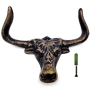5MOONSUN5's Longhorn Steer Wall Bull Head Hook 5" Decorative Western Decor Heavy Duty Vintage Metal Wall Hook, Rustic Decor Antique Hanging Hook for Coat, Key Bag Towel Includes Screws Antique