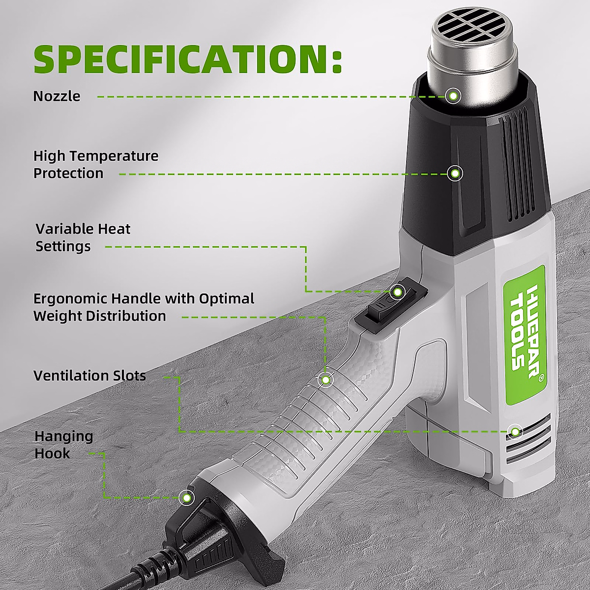 Huepar Tools Heat Gun, Fast Heating Dual-Temperature Settings 752℉&1022℉ (400℃-550℃), Hot Air Gun 1500W with 4 Nozzles, Overload Protection for Crafts, Shrinking PVC, Stripping Paint