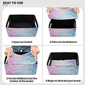 Kcldeci Fish Tail Princess Mermaid Storage Bins Baskets for Organizing, Rainbow Scales Blue Purple Sturdy Storage Basket Foldable Storage Baskets for Shelves Closet Nursery Toy