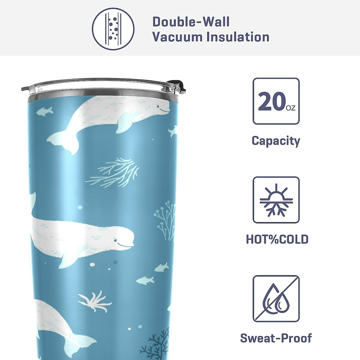 Coral Beluga Whales Fish Tumbler Stainless Steel Insulated Cup Travel Mug for Coffee Double Wall Vacuum Thermos with Straw and Lid 20oz