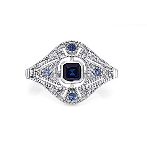 AFFY 10K Solid White Gold Vintage Style Cushion & Round Simulated Sapphire & White Natural Diamond Engagement Ring Size 7