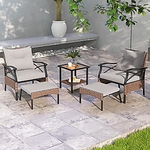 HAPPYGRILL 5 Pieces Patio Conversation Set, Outdoor Wicker Furniture Set with Armchairs, 2-Tier Coffee Table, 2 Ottomans and Cushions, Rattan Outdoor Chair Set for Backyard, Front Porch, Poolside