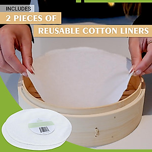 Zoie + Chloe Bamboo Steamer Basket - 2-Tier Dumpling Steamer for Cooking with 2 Reusable Cotton Liners for Bao, Dim Sum, Veggies, Asian Steamed Buns -Stackable, Space-Efficient - 10-Inch Steam Basket