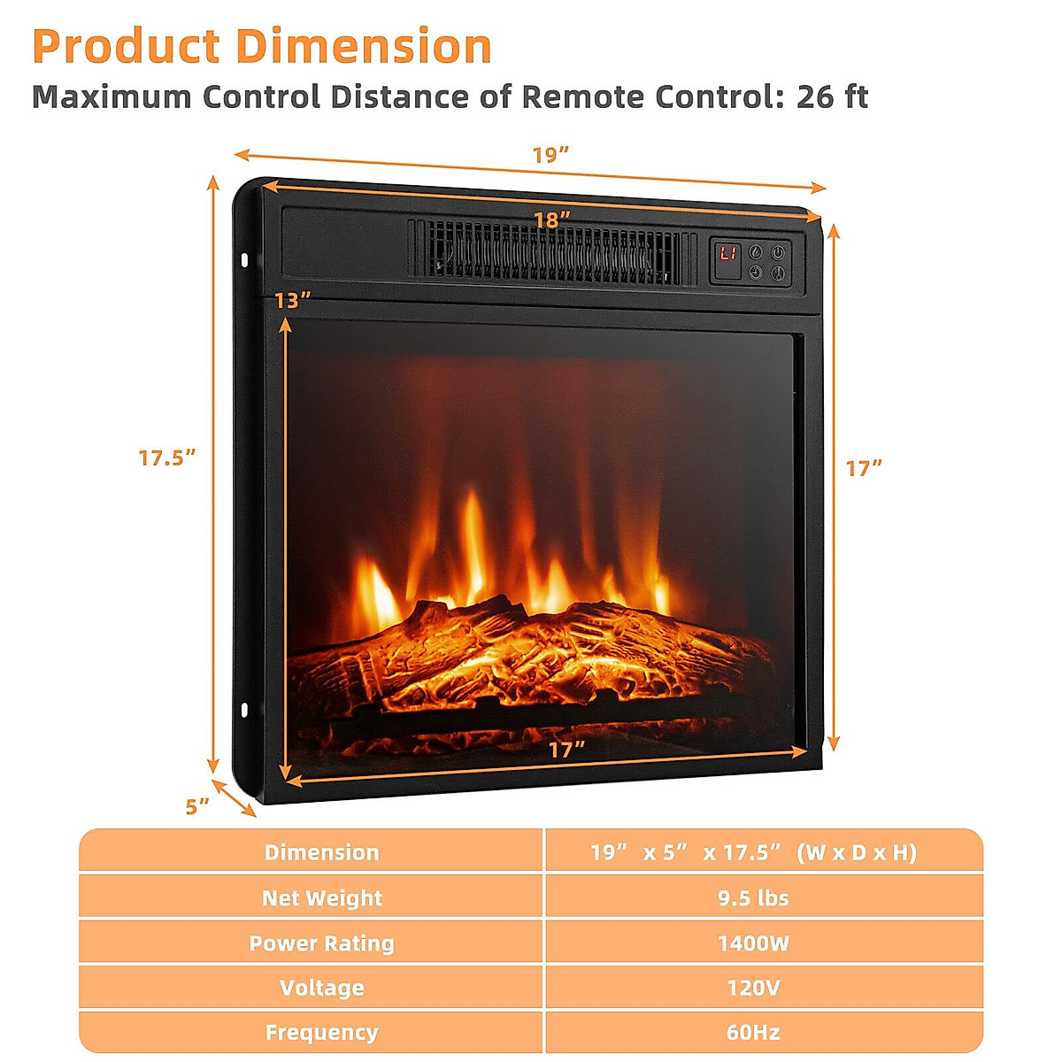 Nightcore 18’’ Electric Fireplace Insert, Electric Heater with Adjustable LED Flame, Remote Control, Safer Plug and Sensor, 1400W Electric Stove Fireplace Iinsert, 1400W