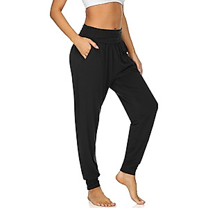 UEU Women's Cozy Yoga Thin Joggers Pants High Waist Loose Fitting Workout Sweatpants Baggy Comfy Sleep Lounge Sweat Pants with Pockets(Black,M)