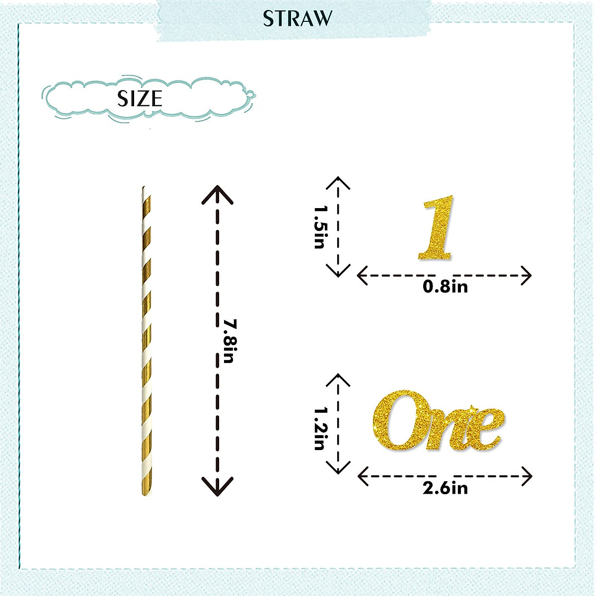 Happy 1st Birthday Straws, Gold Glitter 1 Year Old Paper Straws, 1st Anniversary/Birthday Party Drinking Decorative Straws - 24pcs