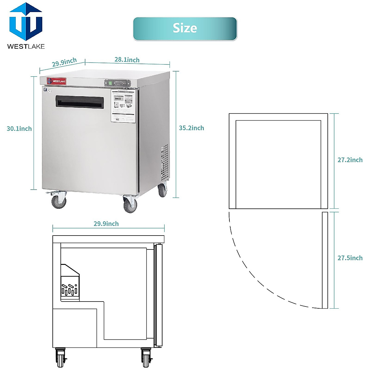 WESTLAKE 28" W Commercial Freezer Worktop Undercounter Freezer 6.4 Cu.ft Single Door Stainless Steel Counter Fan Cooling Freezer Food Prep Station for Restaurant, Bar