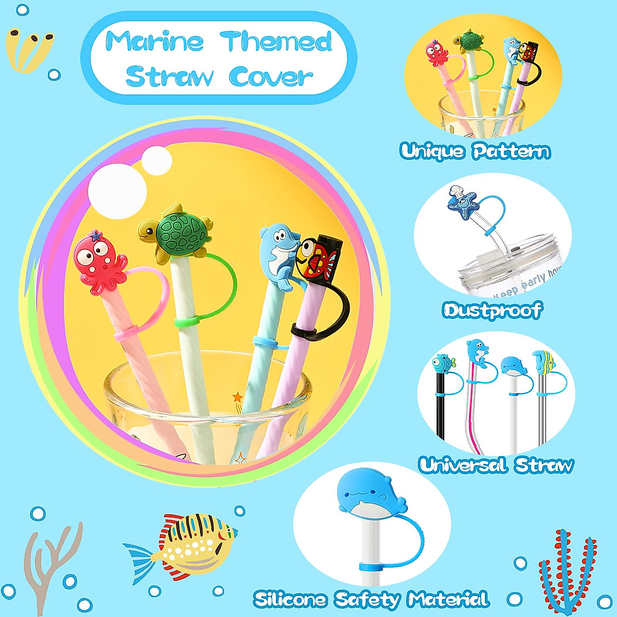 Silicone Drinking Straw Tips Cover/Lids/Topper/Plugs/Cap Reusable Cute Dust Proof for 6-8 mm Straws Outdoor Home Kitchen Party Decor (Aquatic Creature), 10 Pack