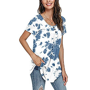 POPYOUNG Women's 2023 Spring-Summer Casual Short Sleeve Tunic Tops Ruffle Blouse T-Shirts XL, Blue Tie dye