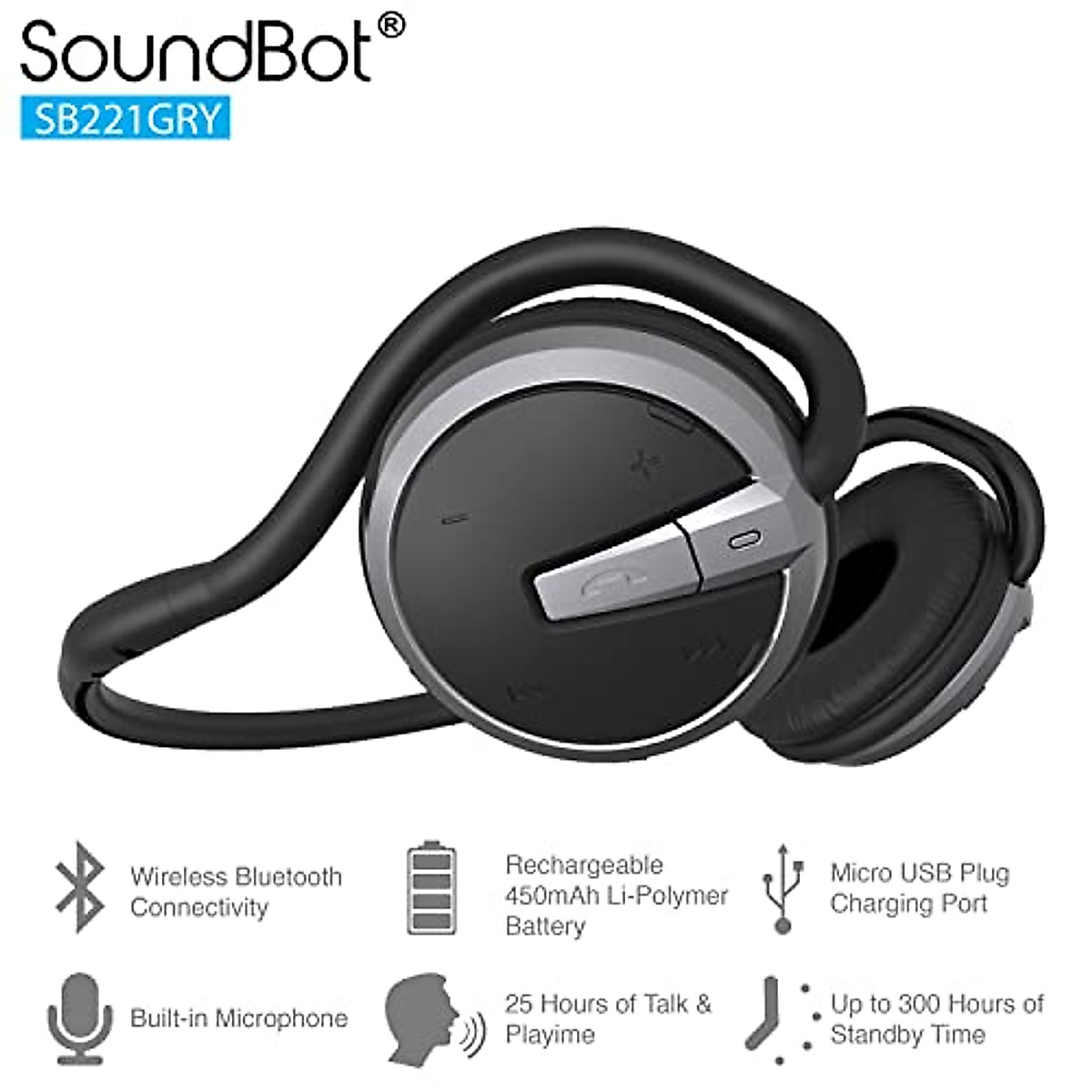 SoundBot SB221 HD Wireless Bluetooth Headset Sports-Active Headphone for 20Hrs Music Streaming & 25Hrs HandsFree Calling w/Sweat Resistant Ergonomic Secure-Fit Design & Voice Command Support