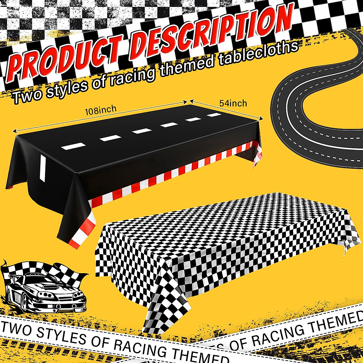 Breling 4 Packs Car Birthday Party Decorations Plastic Car Table Cloth Two Fast Disposable Race Road Checkered Party Supplies Car Theme Party Favors for Birthday, 54 x 108 Inch